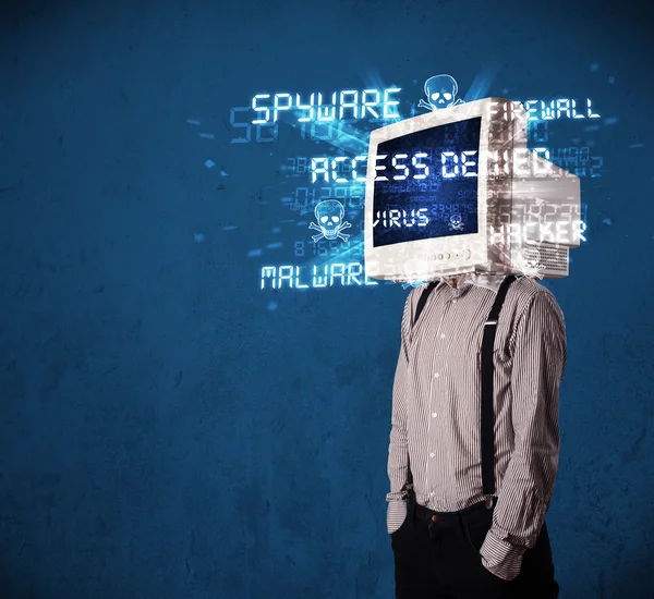 Monitor head person with hacker type of signs on the screen — Stock ...