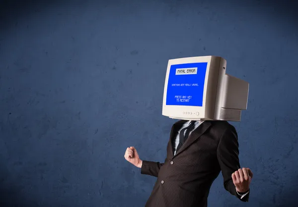 Person with a monitor head and fatal error blue screen on the di ...