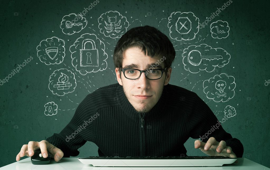 Young nerd hacker with virus and hacking thoughts — Stock Photo ...