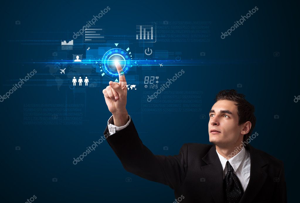 Handsome businessman touching future web technology buttons and Stock ...