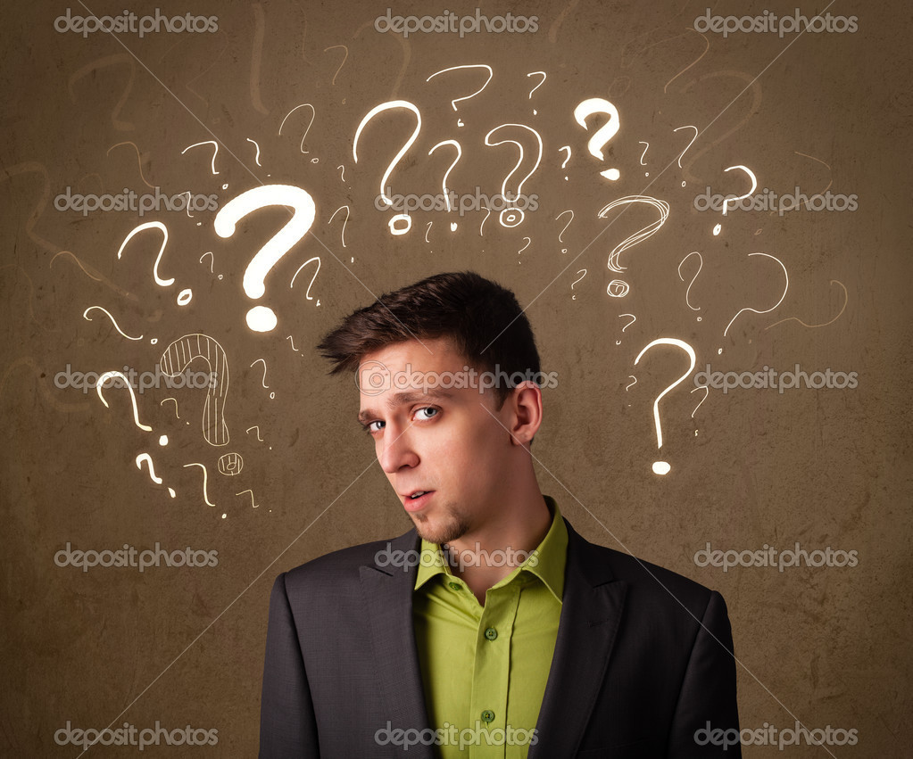Man with question mark symbols around his head Stock Photo by ...