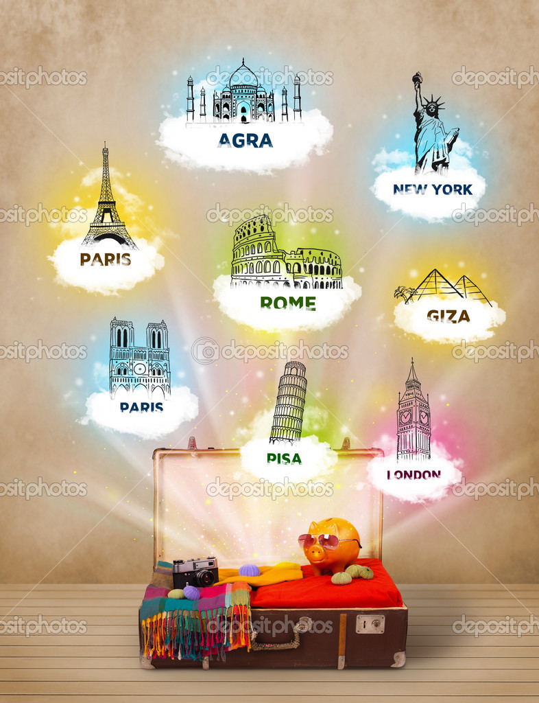 Tourist suitcase with famous landmarks around the world — Stock Photo ...