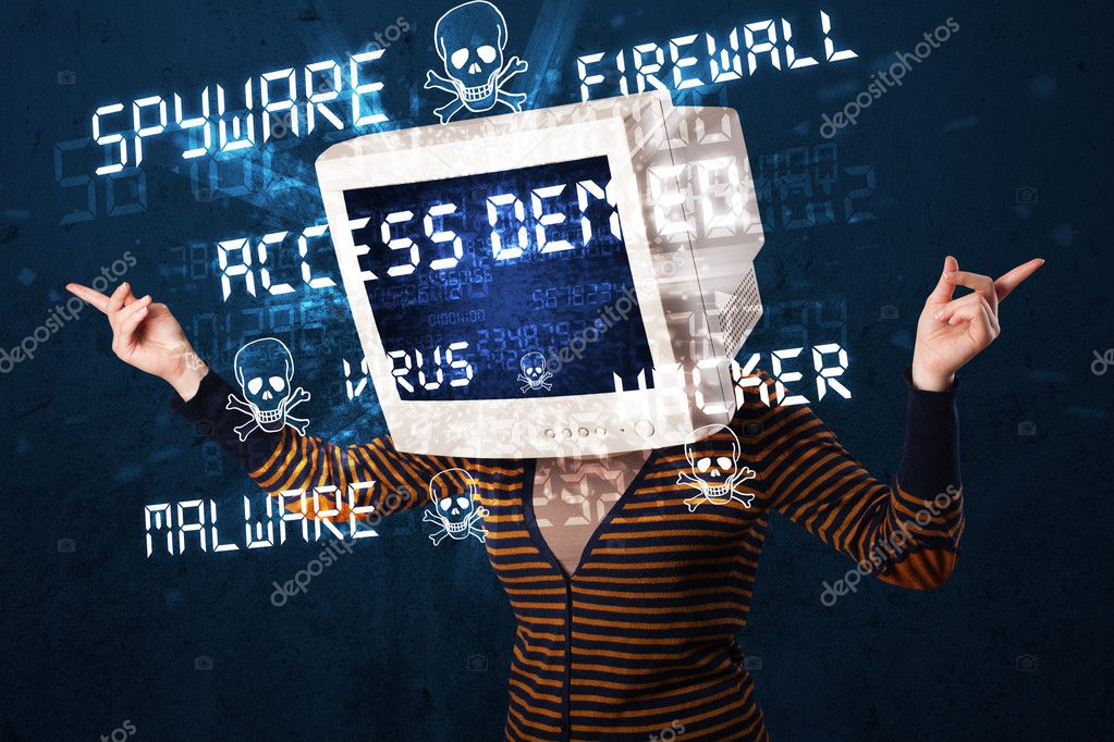 Monitor head person with hacker type of signs on the screen Stock Photo ...