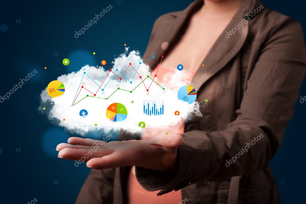 Mujer joven presentando nube con gr ficos e iconos gr ficos y sym 2024