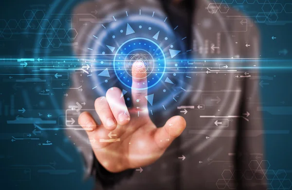 Handsome tech guy pressing high technology control panel screen - Stock ...