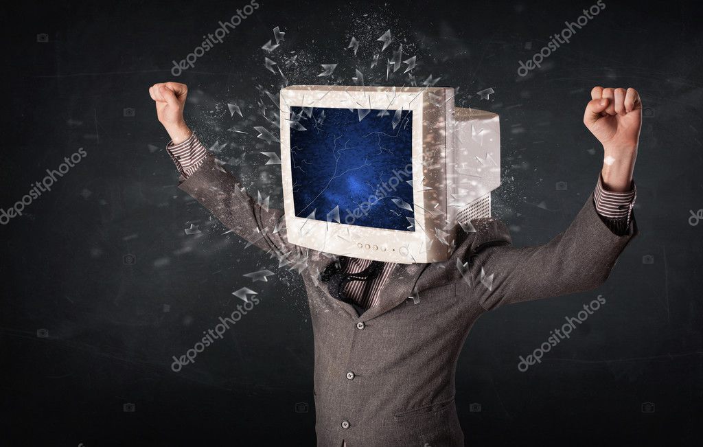 Computer monitor screen exploding on a young persons head Stock Photo ...