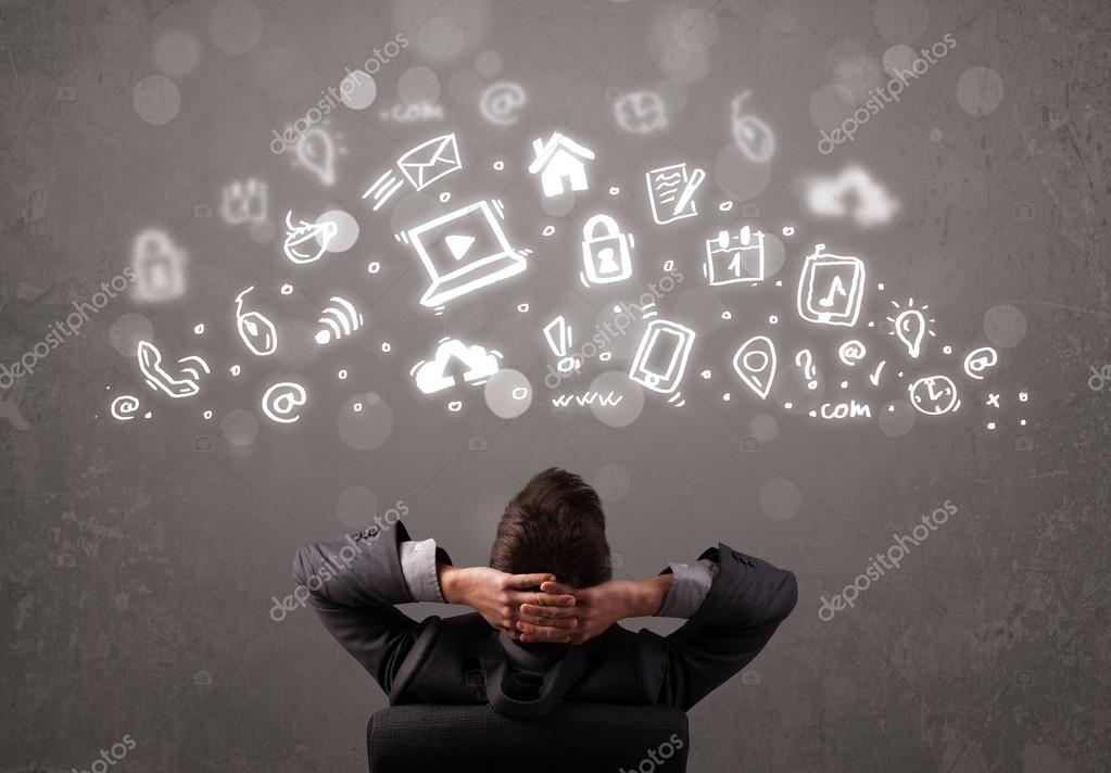 Business man looking at modern icons and symbols — Stock Photo ...