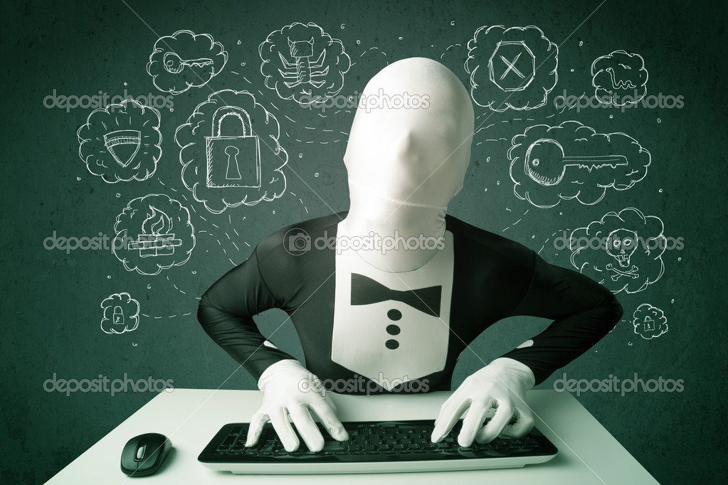 Hacker in mask morphsuit with virus and hacking thoughts — Stock Photo © ra2studio #46991377