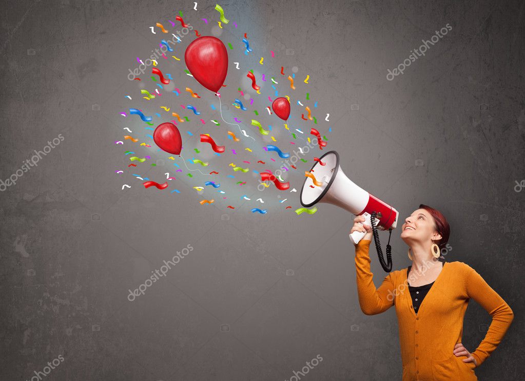 Young girl having fun, shouting into megaphone with balloons Stock ...