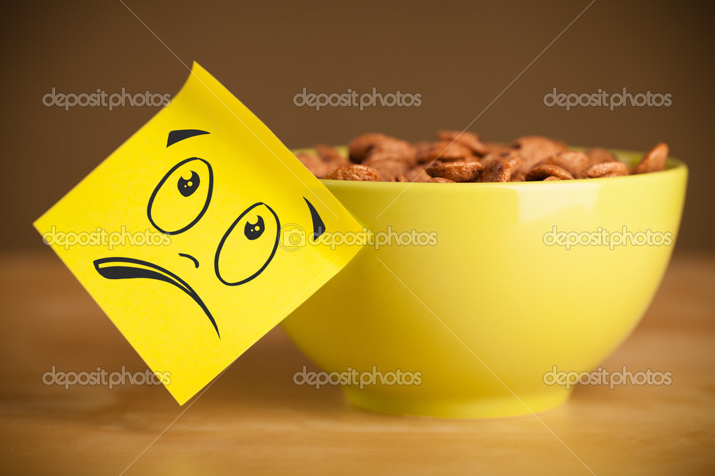 Post-it note with smiley face sticked on cereal bowl Stock Photo by ...