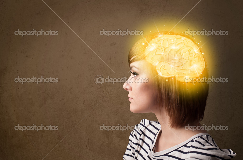 Young girl thinking with glowing brain illustration Stock Photo by ...