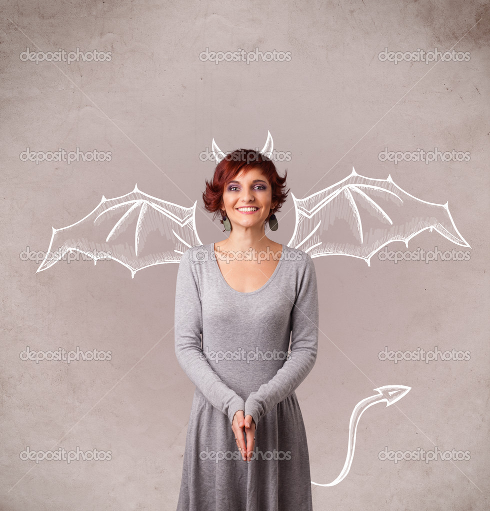 Young girl with devil horns and wings drawing — Stock Photo © ra2studio ...