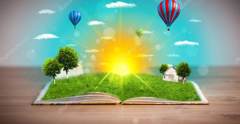 Open book with green nature world coming out of its pages Stock Photo ...