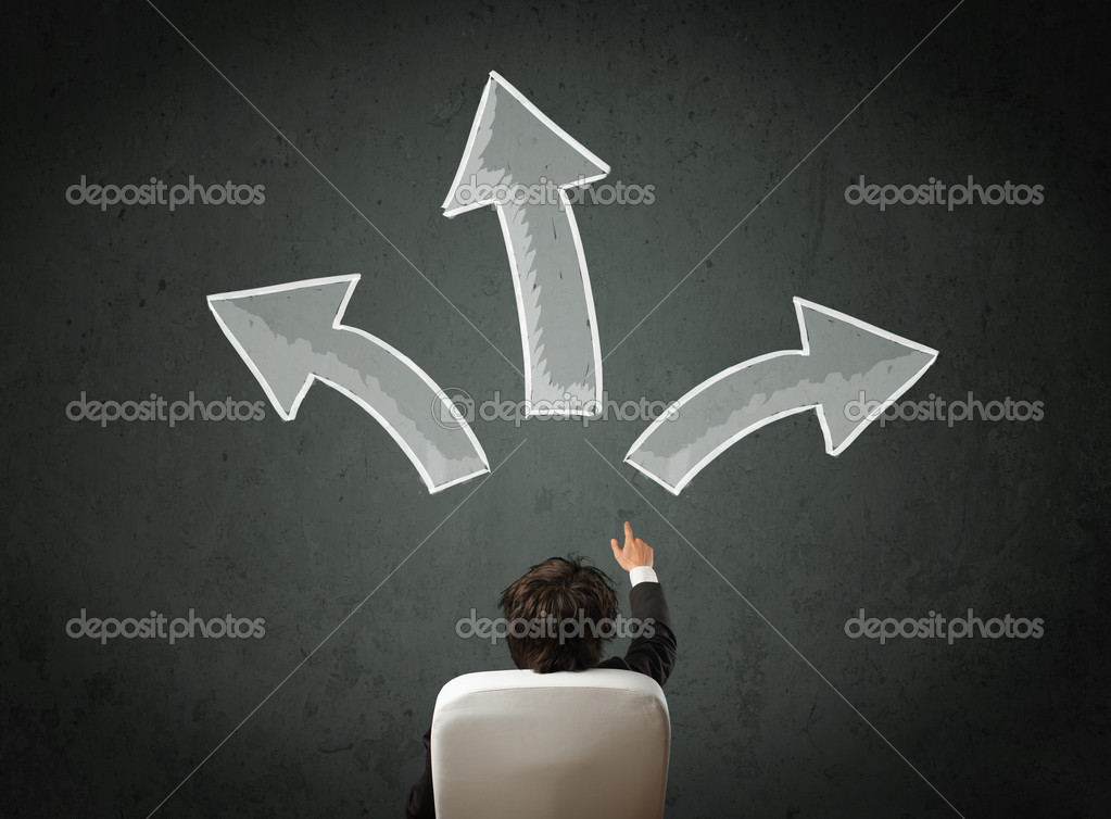 Businessman deciding with arrows above his head — Stock Photo ...