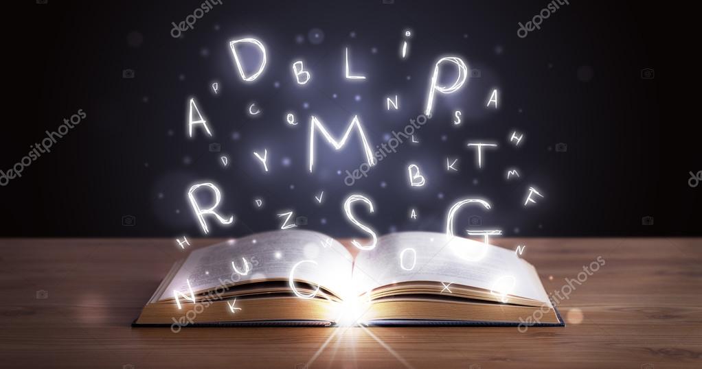 Open book with glowing letters flying out Stock Photo by ©ra2studio ...