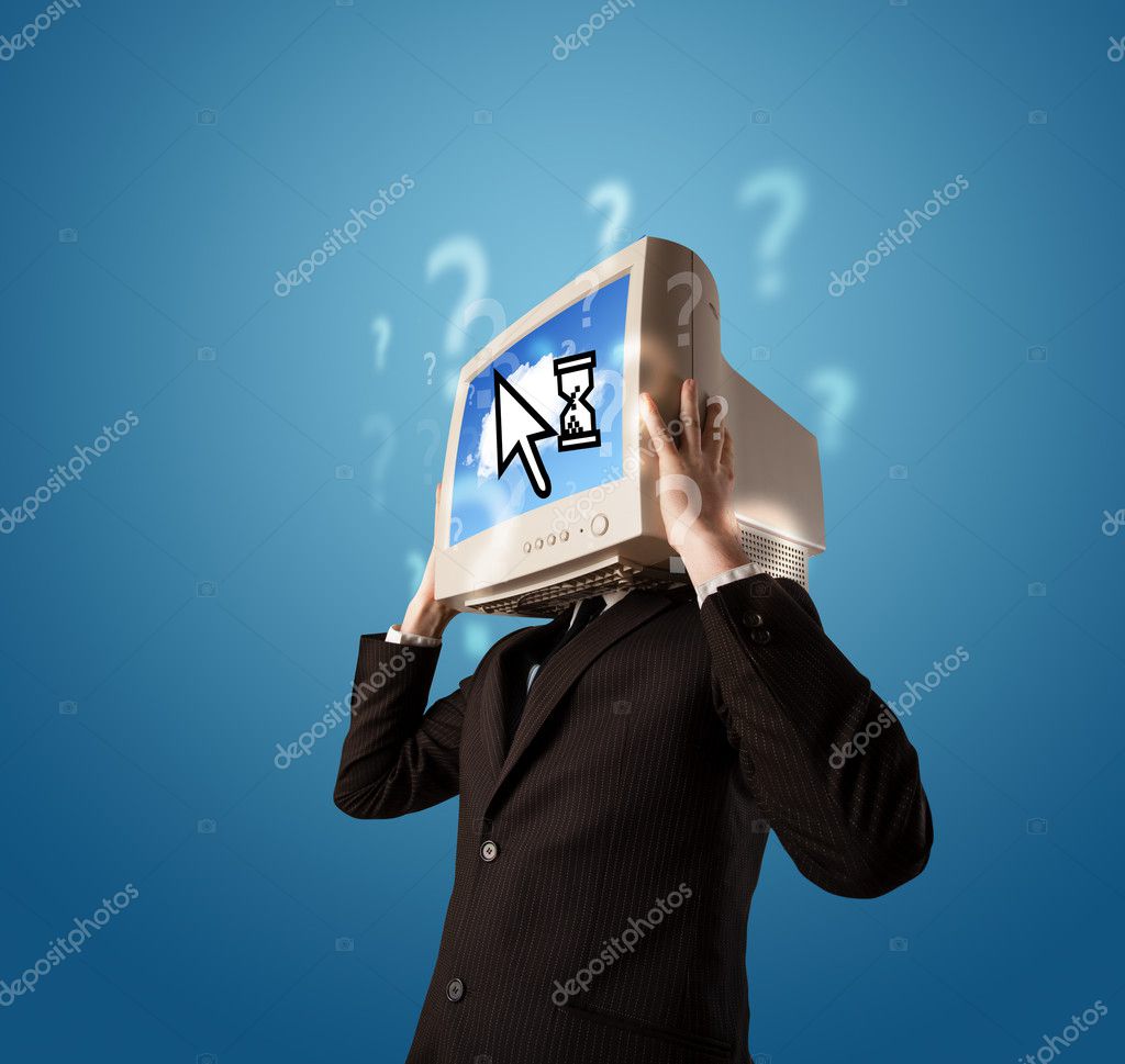 Person with a monitor head and cloud based technology on the scr Stock ...