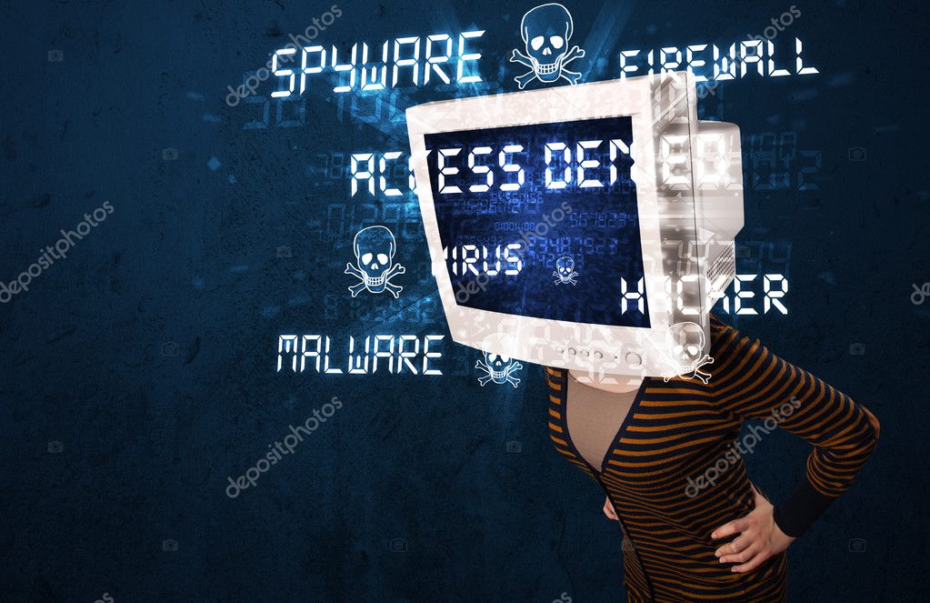 Monitor head person with hacker type of signs on the screen Stock Photo ...
