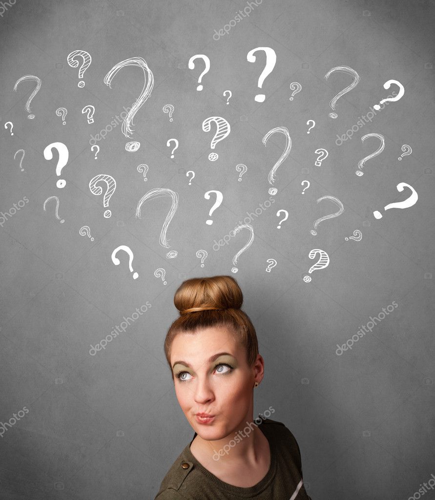 Mujer joven con signos de interrogaci n sobre su cabeza 2024