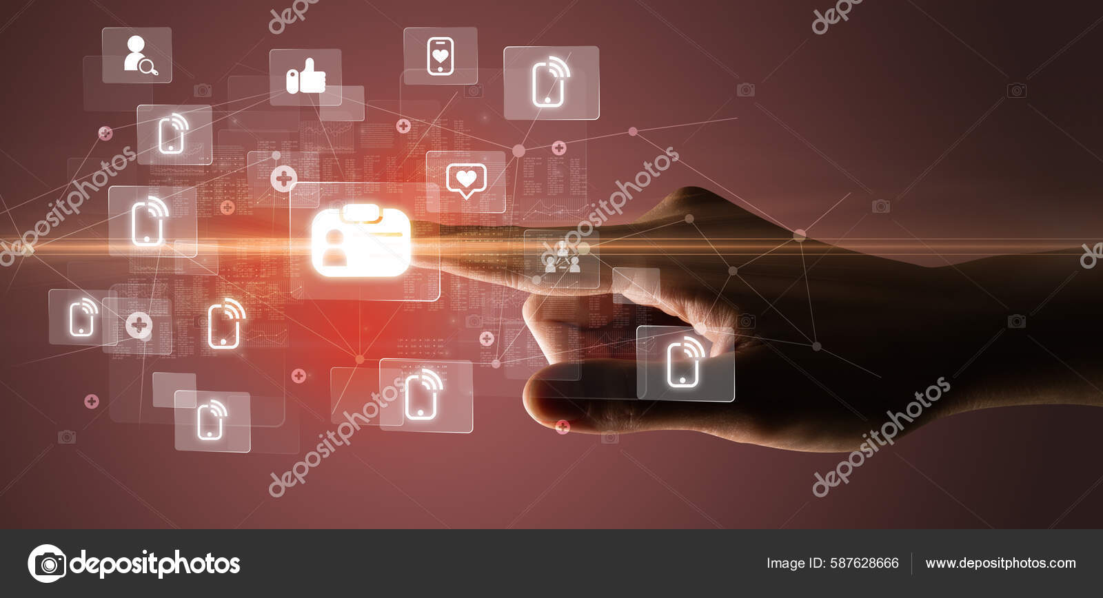 Hand Pressing Social Media Multimedia Application Screen Nameplate ...