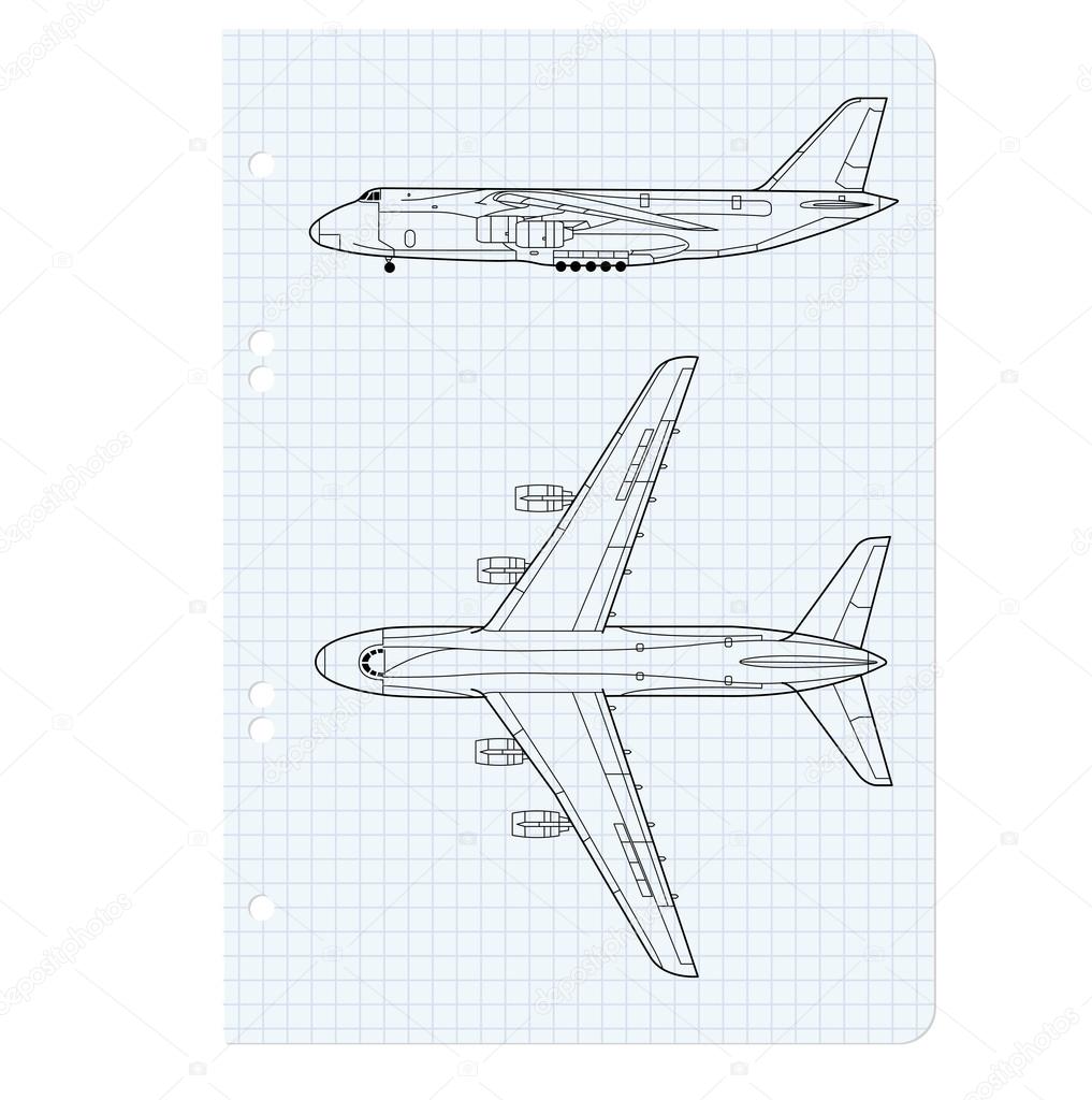 libro de ejercicios con un dibujo para un avión modelo. Ilustración ...