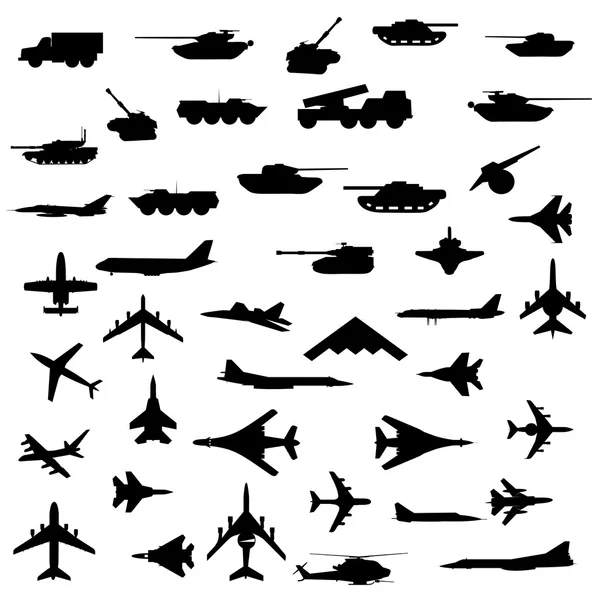 Vector set of aircraft, armored ships and guns. — Stock Vector ...