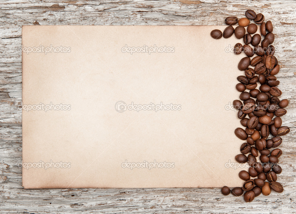 Aged sheet of paper with coffee beans on the old wood Stock Photo by ...