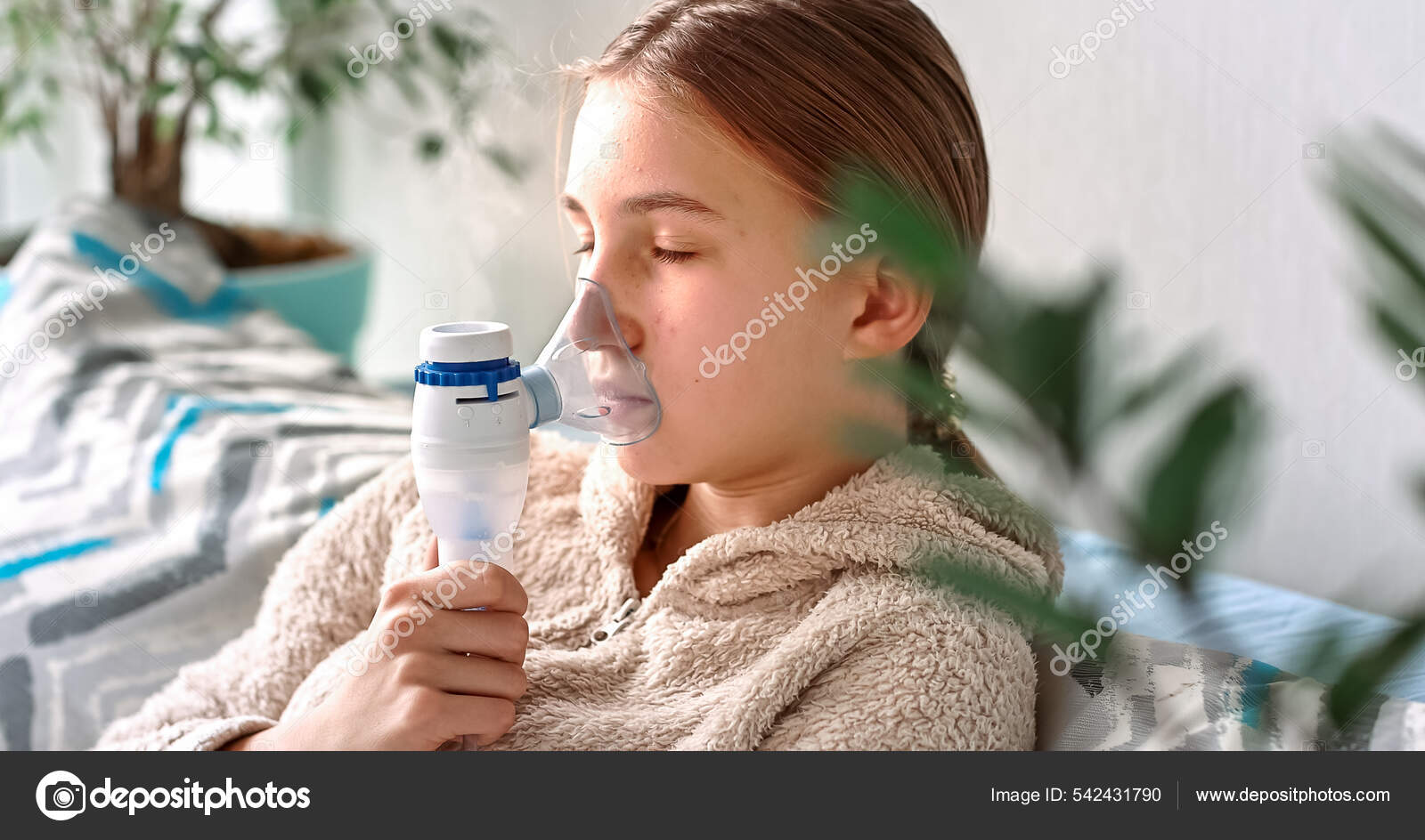 Teenage Girl Makes Inhalation Nebulizer Equipment Sick Child Holding ...