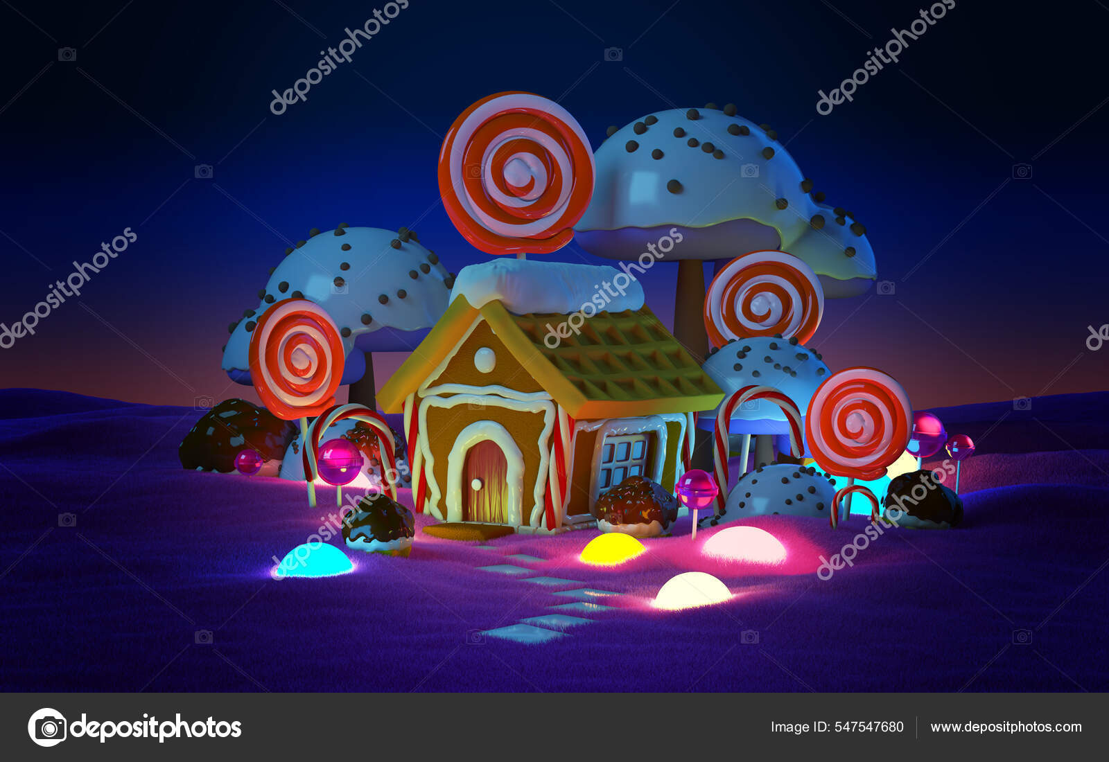 Candy land gingerbread house in pink field at night Stock Illustration ...
