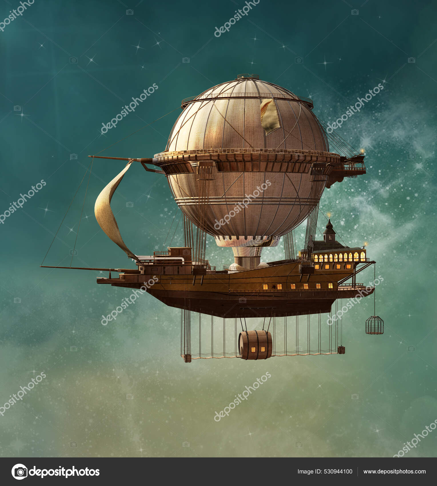 Hot Air Balloon Steampunk Style Taking Boat Sky Stock Photo by ...