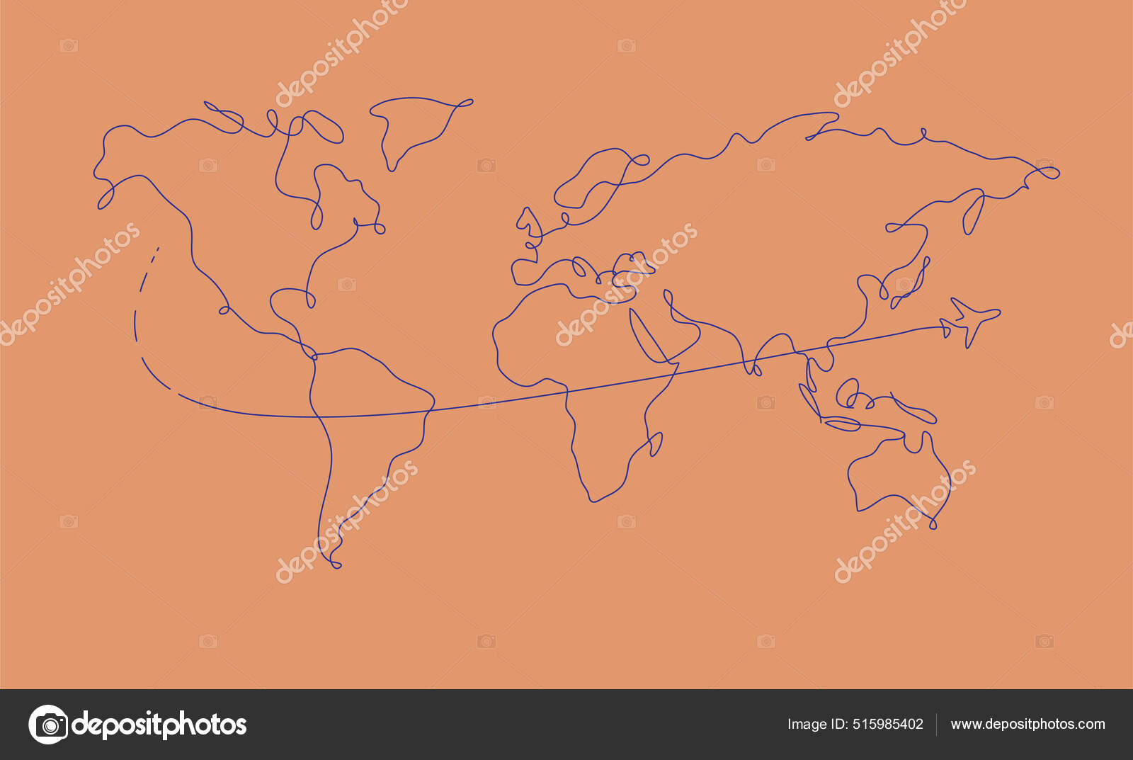 World Map Pen Line Plane Travel Drawing Salmon Color Background Stock ...
