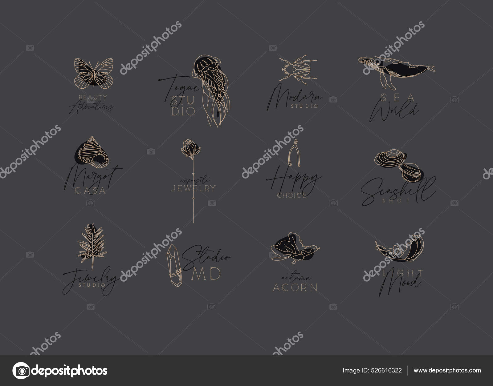 Flora Fauna Art Deco Labels Lettering Drawing Gray Background Stock ...