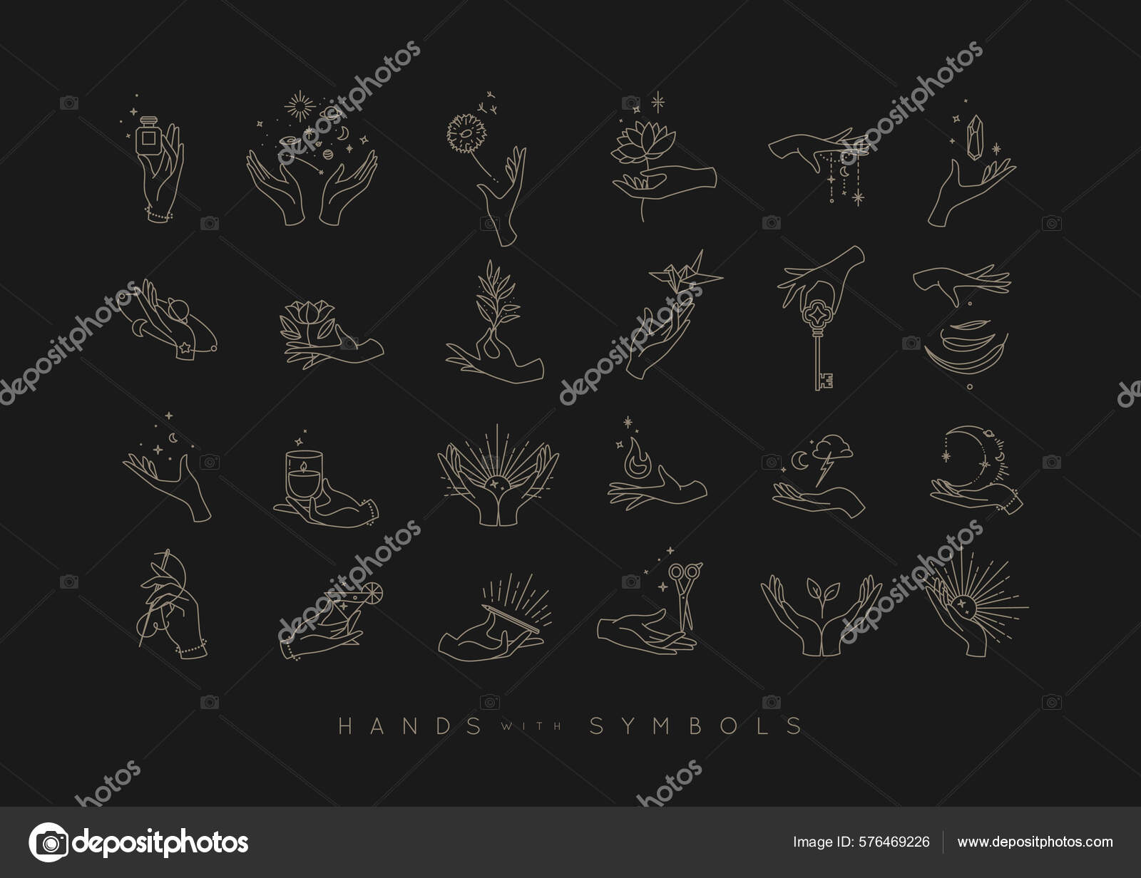 Hands Different Positions Symbols Elements Moon Sun Flowers Perfume ...