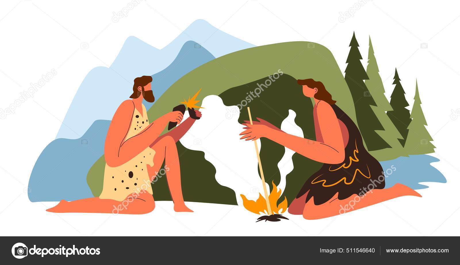 People Trying Make Fire Food Stones Cavemen Ancient Life Culture Stock Vector by ©Sonulkaster ...