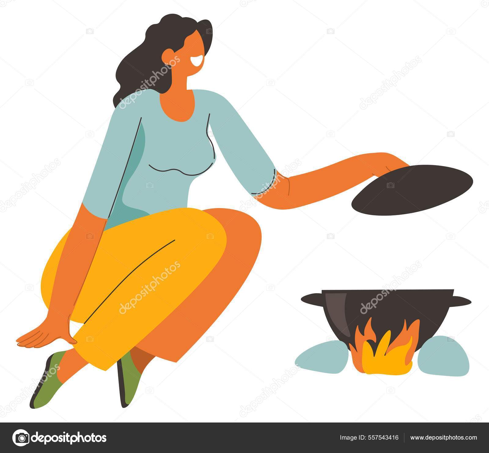 Woman cooking soup on bonfire, camping weekends Stock Vector Image by ...