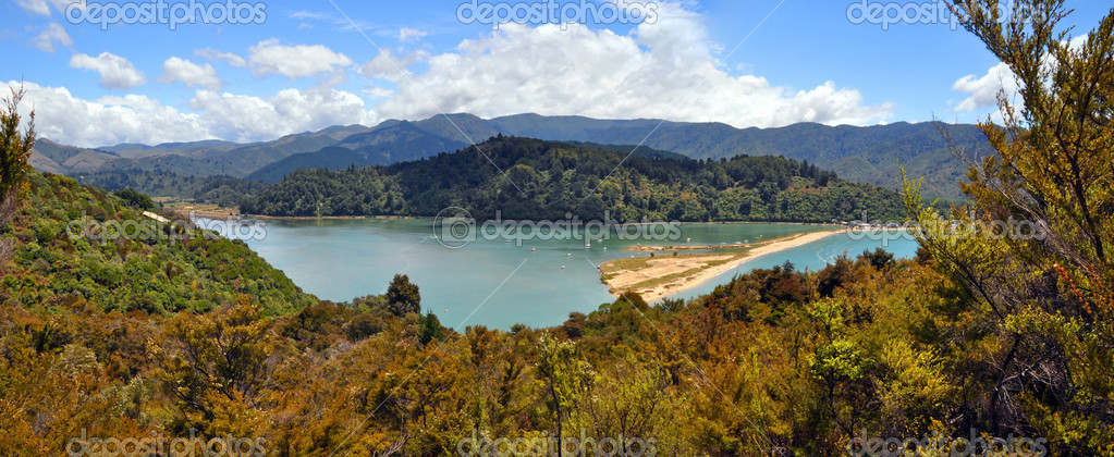 Panorama de la Laguna de Marahau, Parque Nacional Abel Tasman, Nueva ...