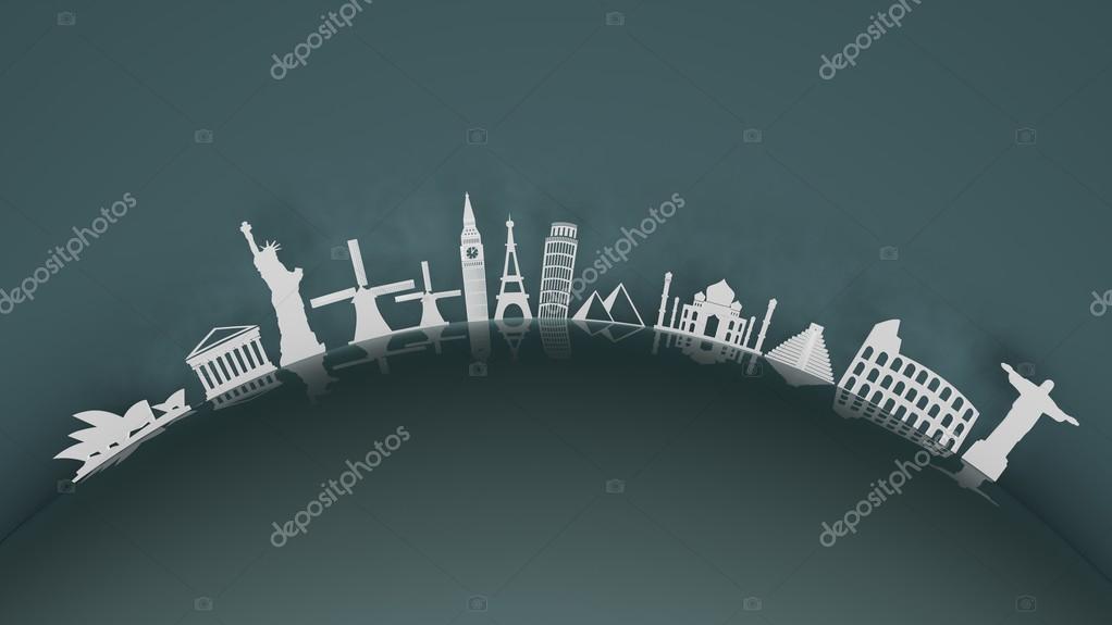 Worlds famous landmarks icons on elliptical surface with reflection ...