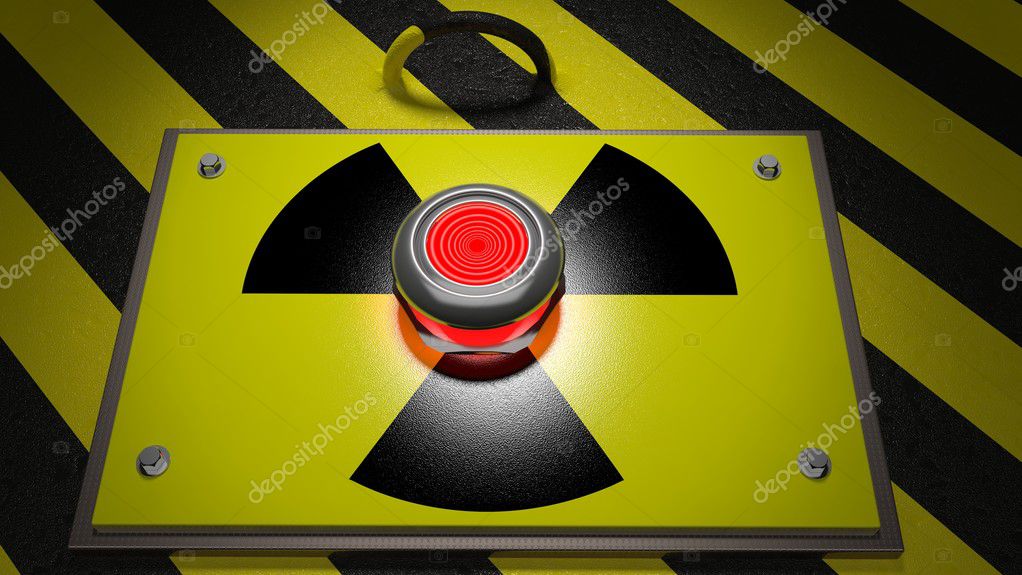 Nuclear warning sign with red button background Stock Illustration by ...