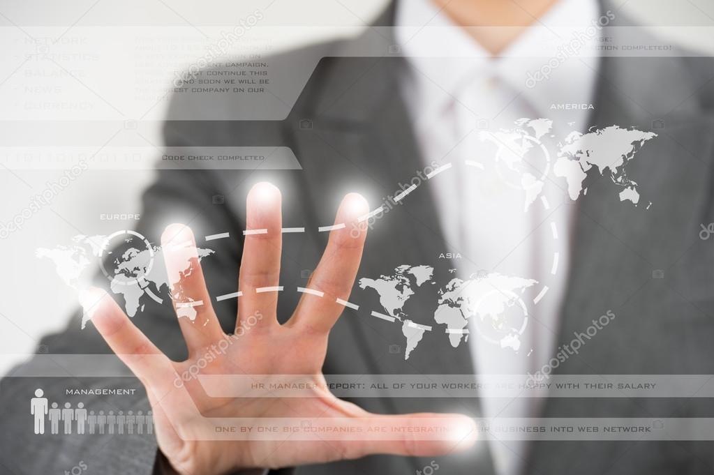 Business woman working with virtual interface. Globalization and ...