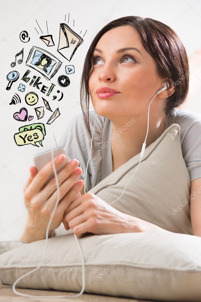 Woman smartphone chatting friends social media — Stock Photo © HASLOO ...