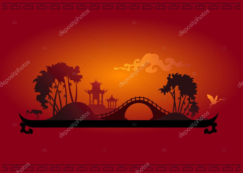 Abstract japanese landscape with trees, building and birds — Stock ...