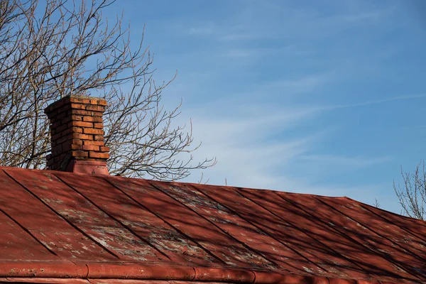Red Brick Chimney Top Village House Roof Made Tiles Background Stock ...