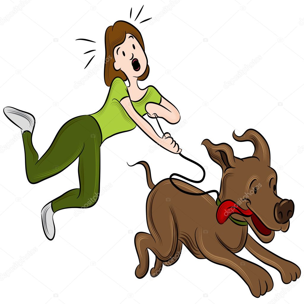 Cartoon Girl Walking Dog
