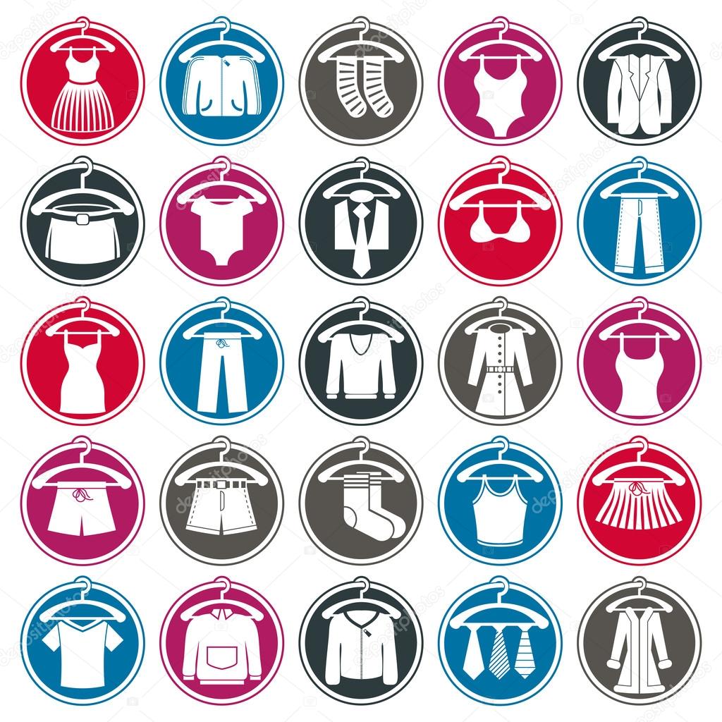 Ropa en un conjunto de iconos de perchas, colección vectorial de signos ...