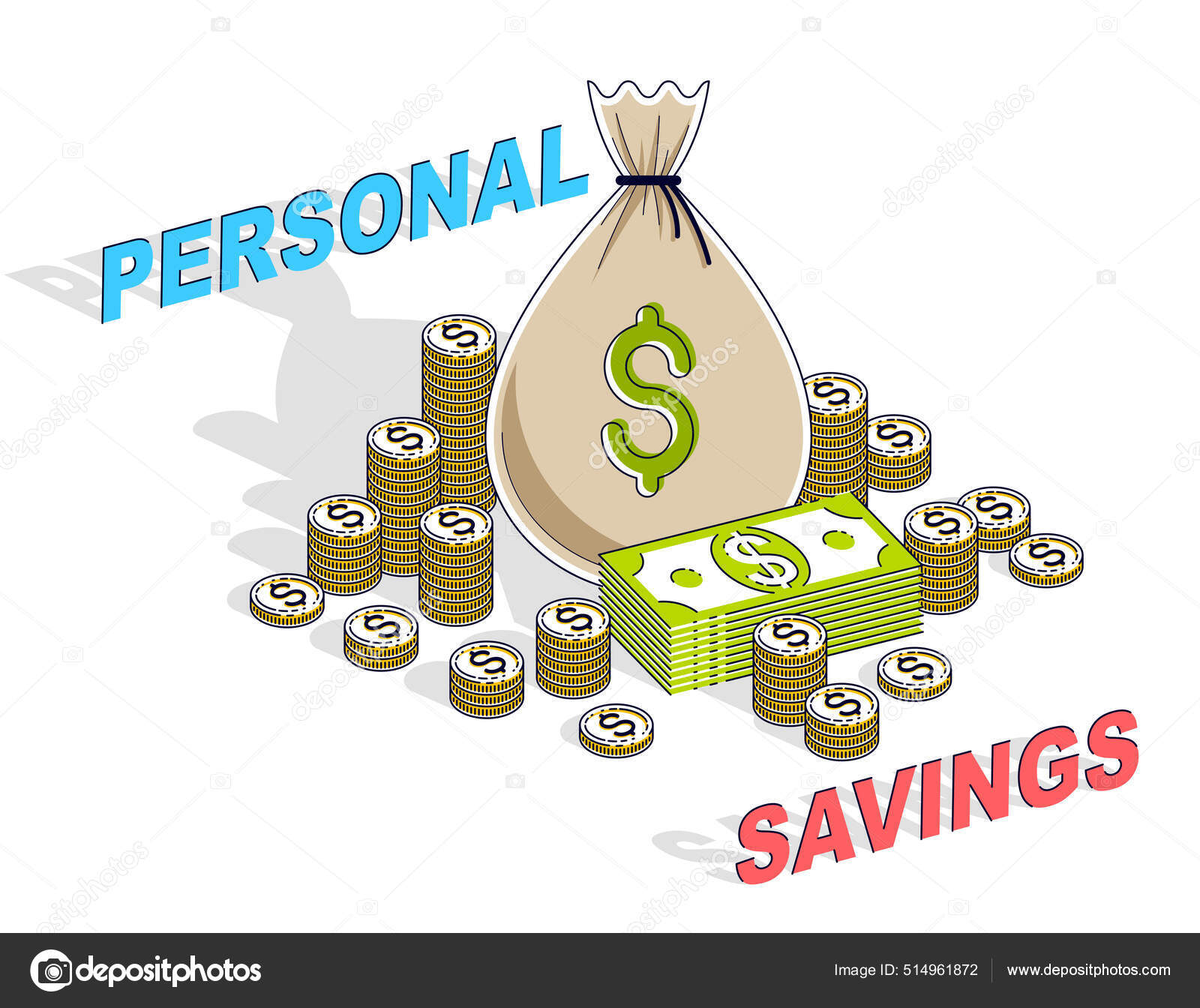 Personal Savings Concept Money Bag Dollar Stacks Coins Cents Piles ...