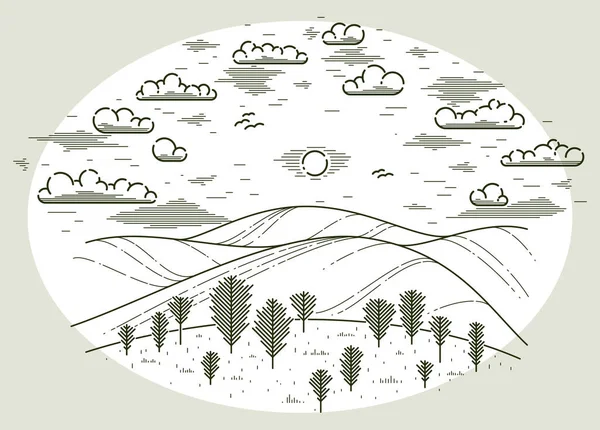 Beautiful Scenic Grasslands Pine Trees Vector Linear Illustration Dark ...