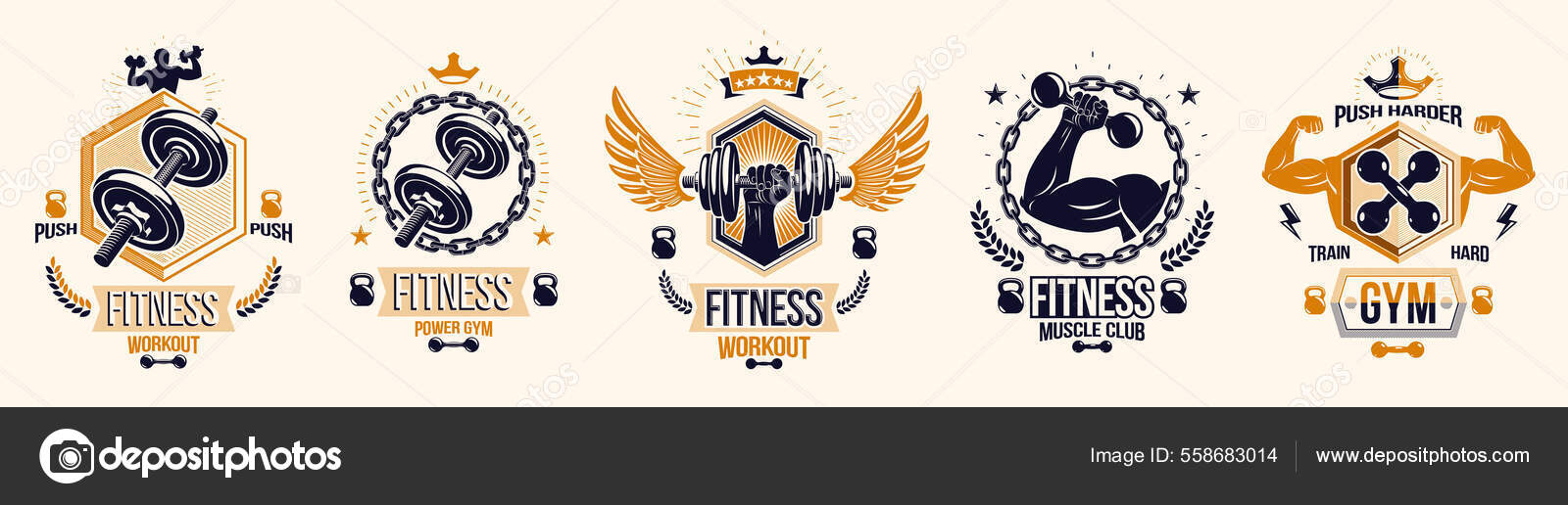 Gym Fitness Sport Emblems Logos Vector Set Isolated Barbells Dumbbells ...