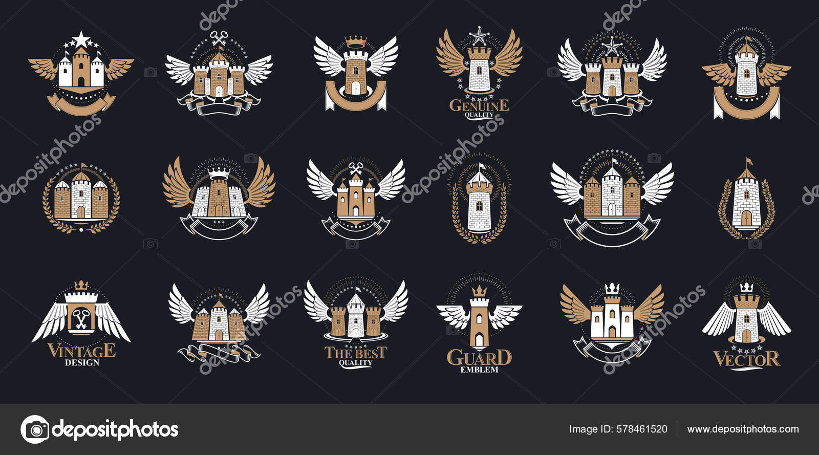 Benteng Lambang Vektor Set Besar Kastil Elemen Desain Heraldik Koleksi ...