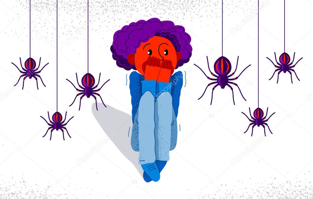 Aracnofobia miedo a las ara as vector ilustraci n, ni o rodeado de ara ...