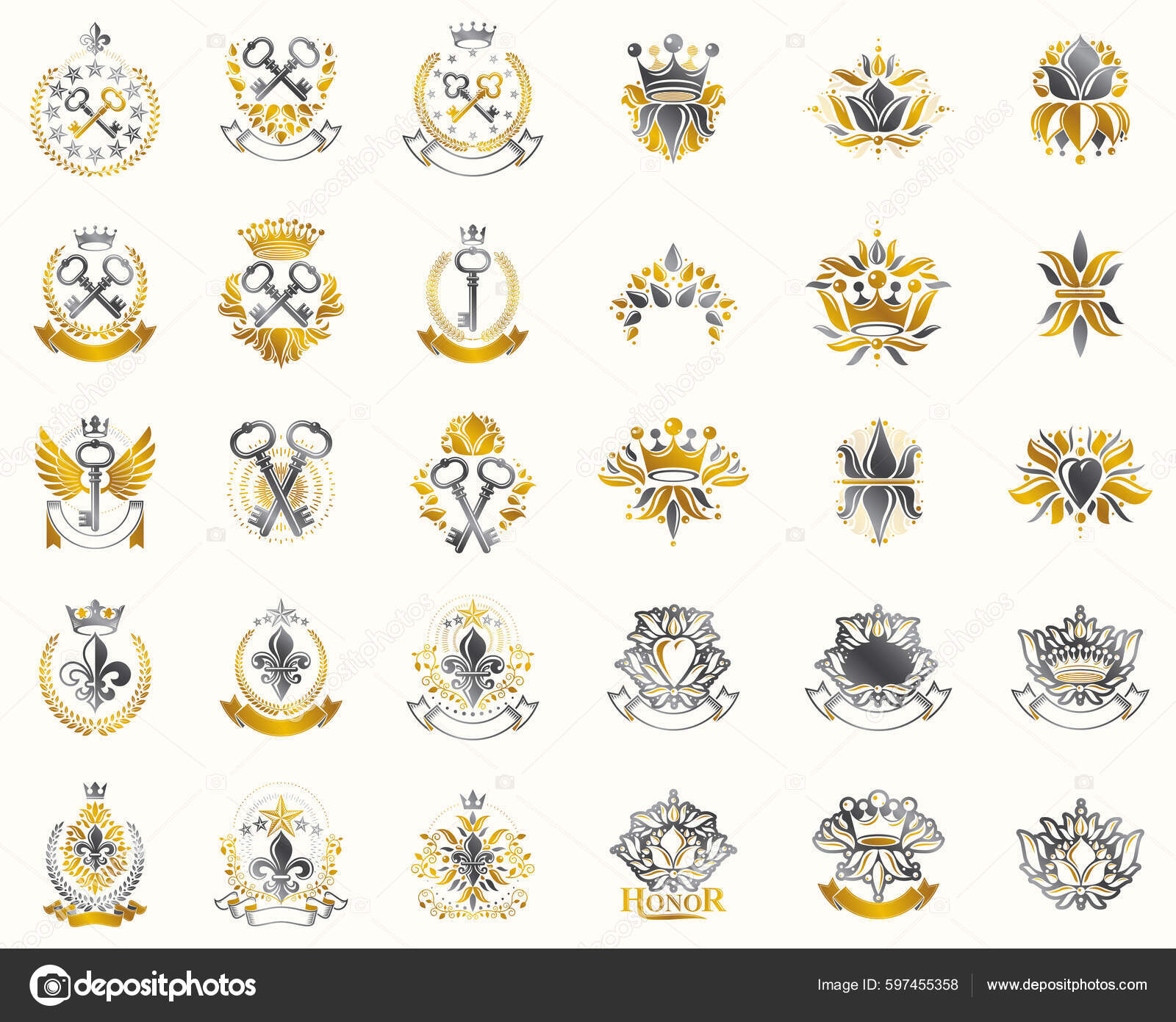 Vintage Heraldic Emblems Vector Big Set Antique Heraldry Symbolic ...
