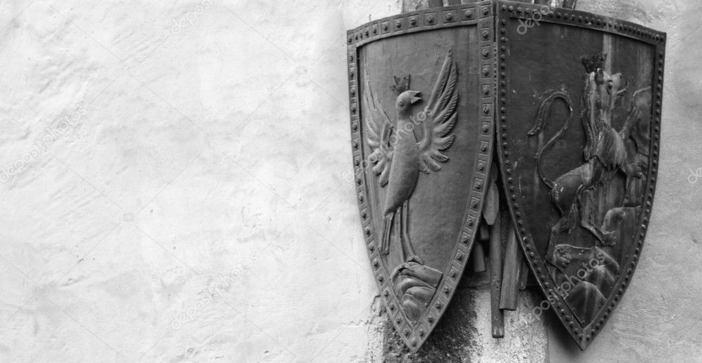 Medieval weapons on a background of ancient wall — Stock Photo ...